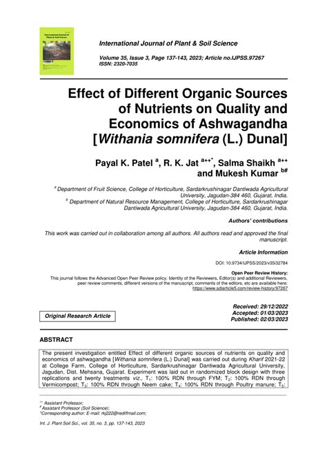 (PDF) Effect of Different Organic Sources of Nutrients on Quality and Economics of Ashwagandha ...