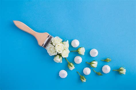 파란색 배경에 흰색 장미와 머랭으로 페인트 브러시 상단 보기 공간을 복사합니다 0명에 대한 스톡 사진 및 기타 이미지 0명 꽃 꽃의 구조 꽃 식물 Istock