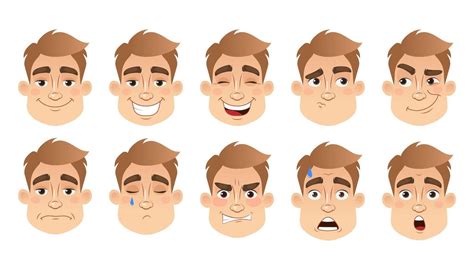 Set Of Male Character Facial Expressions Young Man Emoji With