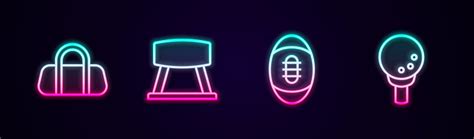 세트 라인 스포츠 가방 포멜 말 미식 축구 공과 골프 빛나는 네온 아이콘입니다 벡터 건강한 생활방식에 대한 스톡 벡터 아트 및