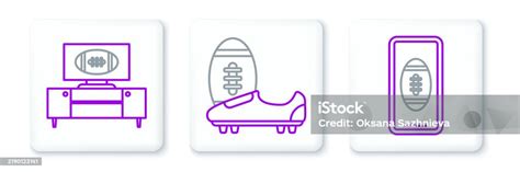 화면에 미식 축구 공이있는 스마트 폰 미국 Tv 프로그램 및 스탠드 및 축구 또는 신발 스파이크 아이콘을 설정합니다 벡터 Brand Name Smart Phone에 대한