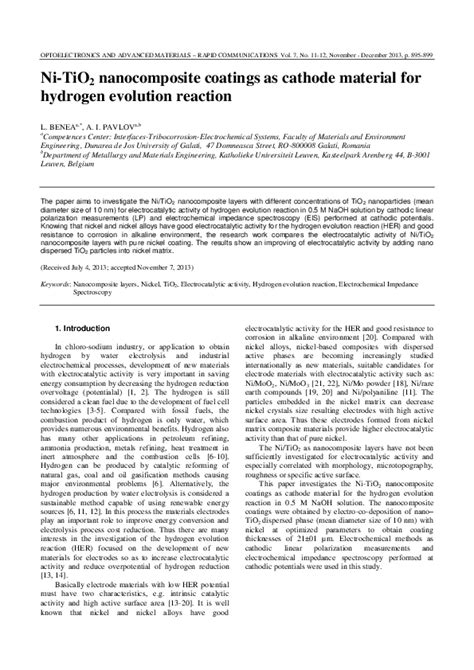 Pdf Ni Tio2 Nanocomposite Coatings As Cathode Material For Hydrogen
