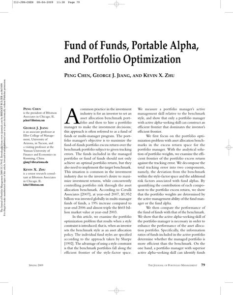 PDF Fund Of Funds Portable Alpha And Portfolio Optimization