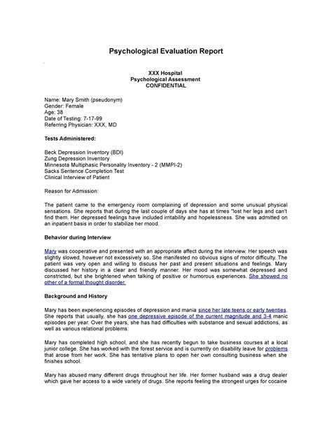 Psych Evaluation REport Psychological Evaluation Report XXX Hospital Psychological Assessment