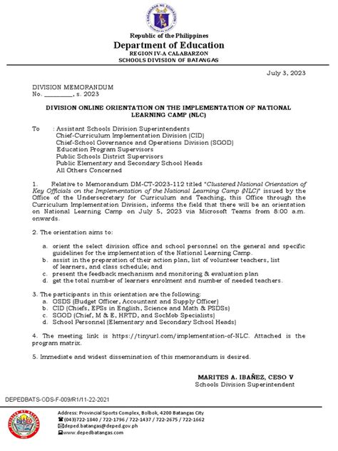 Memo Orientation For Nlc Camp 1 Pdf