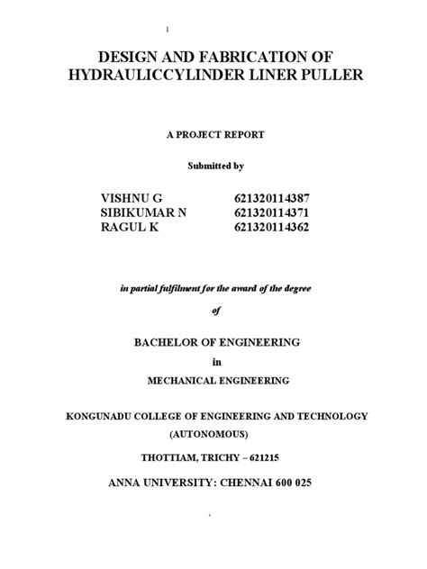 Design And Fabrication Of A Hydraulic Cylinder Liner Puller A Report On The Development Of A