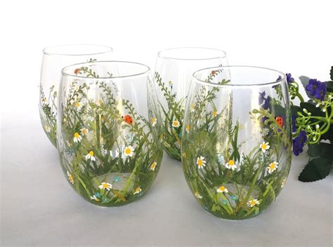 Stemless Wine Glasses Hand Painted Winewaterjuice Glasses Etsy