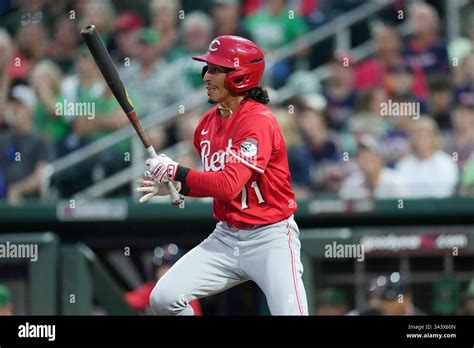 Cincinnati Reds Edwin Arroyo Follows Through With His Swing Against The Cleveland Guardians
