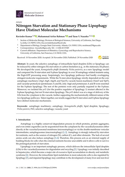 PDF Nitrogen Starvation And Stationary Phase Lipophagy Have Distinct