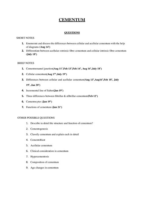 Cementum Final 1 Cementum Questions Short Notes 1 Enumerate And Discuss The Differences