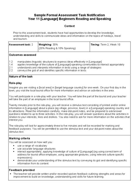 Language Beginners S6 Year 11 Sample Formal Assessment Task Reading And Speaking Sample Formal
