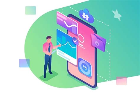 아이소메트릭 개념 분석을 위한 데이터 보기 젊은 기업가가 스마트폰 화면의 데이터와 함께 작업합니다 웹 디자인에 대한 개념 인포그래픽에 대한 스톡 벡터 아트 및 기타 이미지