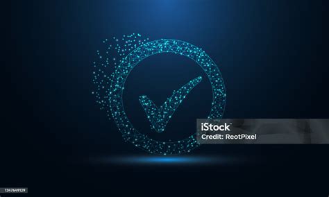 별이 빛나는 하늘 공간의 형태로 확인 표시 아이콘의 추상적 미래 벡터 디자인 의 형태로 포인트 빛 선 및 모양으로 구성됩니다 파란색 배경에 낮은 폴리 틱 기호 벡터입니다