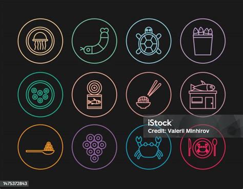 세트 라인 접시에 게 해산물 가게 거북이 생선 통조림 캐비아 해파리 초밥 및 새우 아이콘에 게를 제공했습니다 벡터 갈고리 발톱에 대한 스톡 벡터 아트 및 기타 이미지