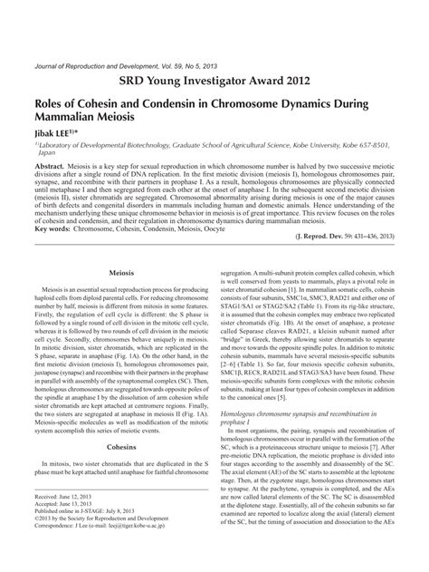 Pdf Roles Of Cohesin And Condensin In Chromosome Dynamics During Mammalian Meiosis