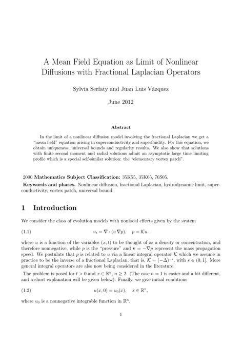 Pdf A Mean Field Equation As Limit Of Nonlinear Diffusions With