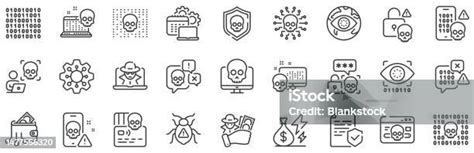 사이버 공격 라인 아이콘입니다 피싱 위험 데이터 랜섬웨어 및 이진 코드 개요 아이콘 벡터 아이콘에 대한 스톡 벡터 아트 및 기타