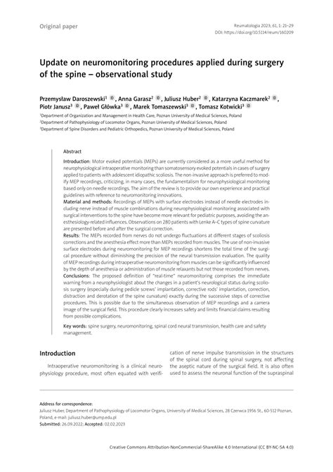 Pdf Update On The Neuromonitoring Procedures Applied During Surgeries Of The Spine