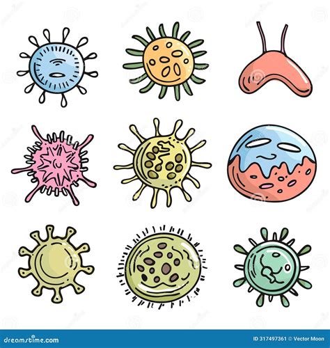 Set Of Bacteria Characters Cartoon Vector Illustration Microbiology