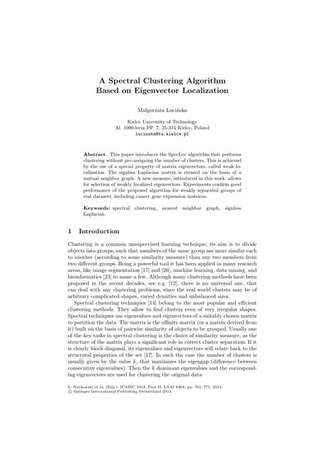 PDF A Spectral Clustering Algorithm Based On Eigenvector Localization