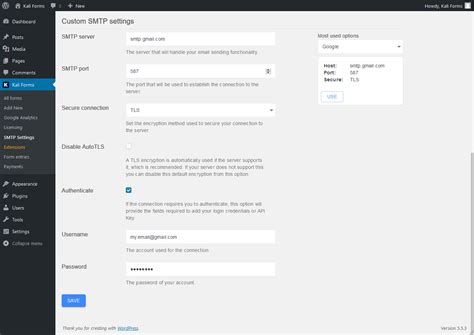 Using Custom Smtp Kali Forms