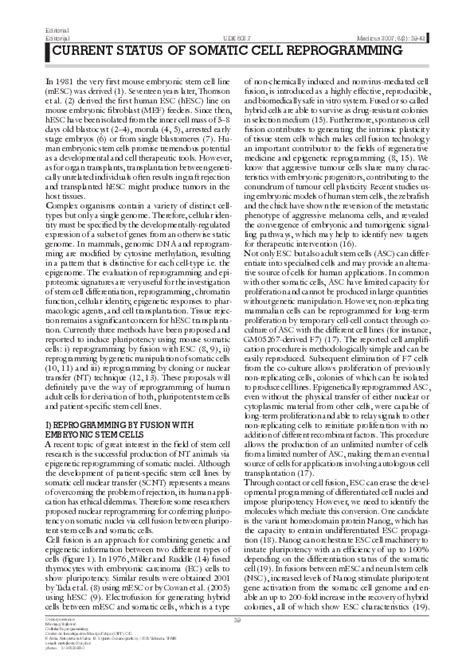 pdf current status of somatic cell reprogramming