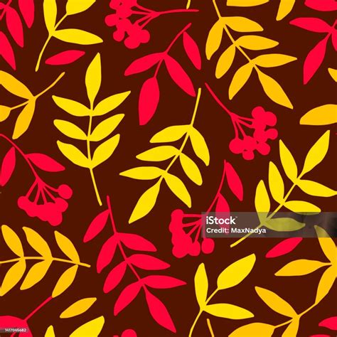 간단한 꽃 벡터 원활한 패턴 짙은 갈색 배경에 건조한 노란색 잎 가지 로완 열매 직물 인쇄 섬유 가을 여름 컬렉션 계절 잎이 떨어집니다 0명에 대한 스톡 벡터 아트 및 기타