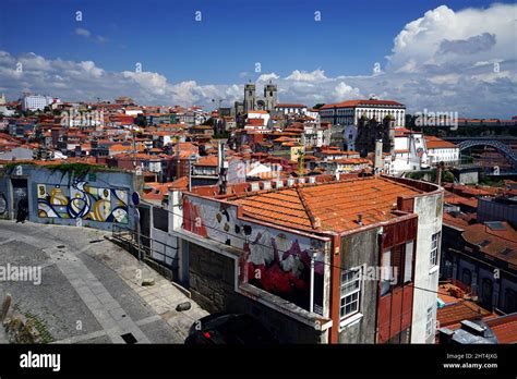 Aerial View Of The Cityscape Of Porto With Graffitties On Buildings In