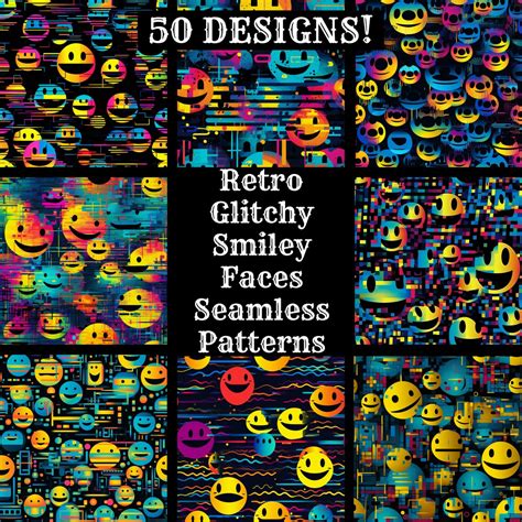 Retro Glitchy Smiley Face Seamless Pattern 50 Png Designs Digital