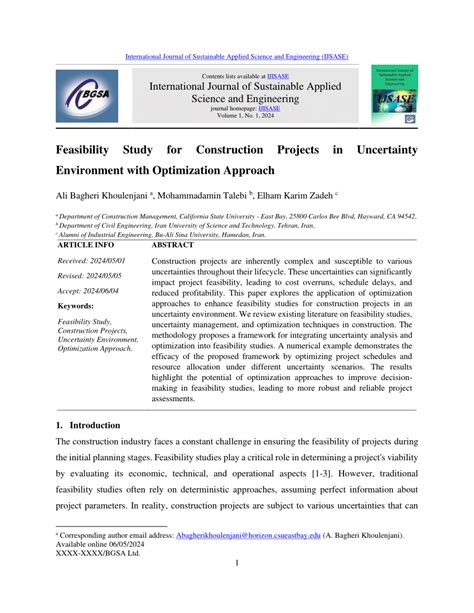 PDF Feasibility Study For Construction Projects In Uncertainty Environment With Optimization