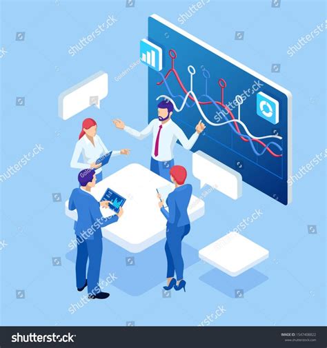 Isometric Business Data Analytics Process Management Or Intelligence Dashboard On Virtual Screen