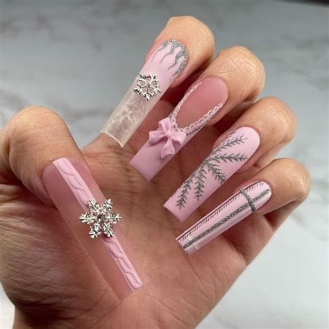 Pink French Sweater Pattern Snowflake Bowknot Christmas Long Fake Nails