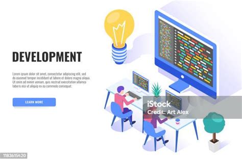 개발 개념입니다 데스크톱 컴퓨터에서 작업하는 팀입니다 웹 배너 인포 그래픽 아이소메트릭 벡터 그림입니다 일러스트레이션에 대한 스톡 벡터 아트 및 기타 이미지 Istock