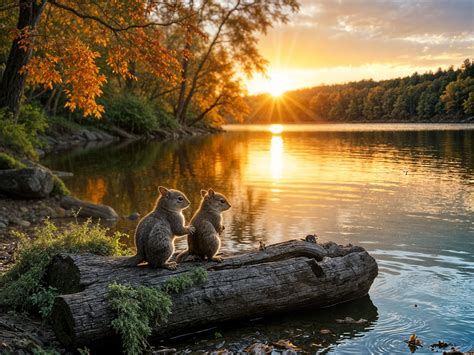 Two Suirrels By The Lake Golden Hour Squirrels By The Sere