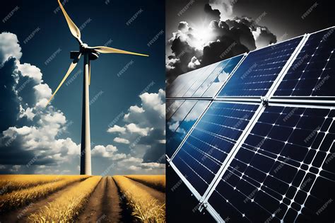 태양 전지판 및 풍력 터빈재생 가능한 자원의 청정 에너지 Windmills And Solar Panels 프리미엄 사진