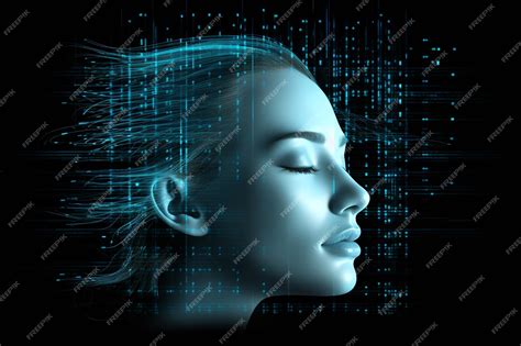 Abstract Wireframe Digital Human Female Face On Streaming Matrix Digital Binary Code Background