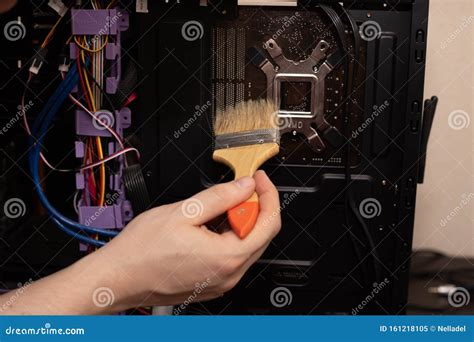Man Cleans Dust By Brush From The Inside Of Computer System Unit Editorial Image Image Of