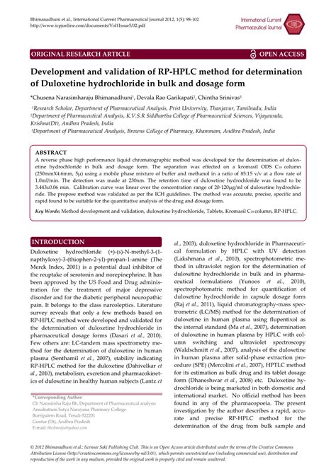 Pdf Development And Validation Of Rp Hplc Method For Determination Of Duloxetine Hydrochloride