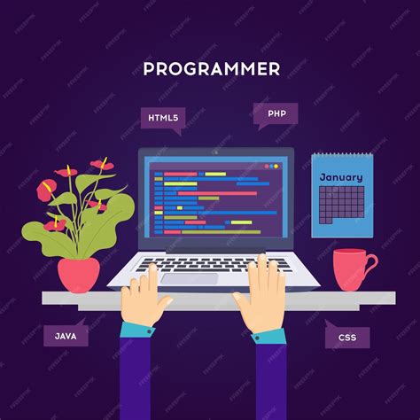 Premium Vector Workplace Of Programmer Or Coder Vector Illustration