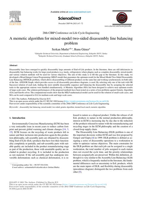 Pdf A Memetic Algorithm For Mixed Model Two Sided Disassembly Line