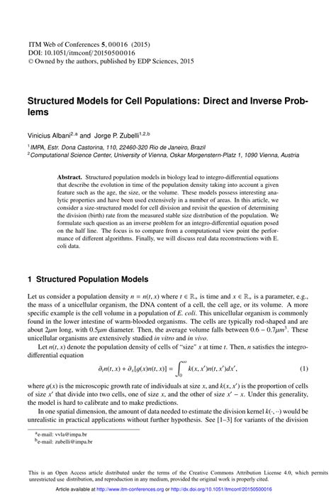 Pdf Structured Models For Cell Populations Direct And Inverse Problems