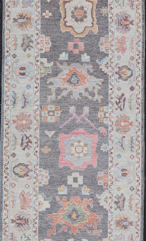 Hand Knotted Afghan Oushak Designed Runner With Gray Background For