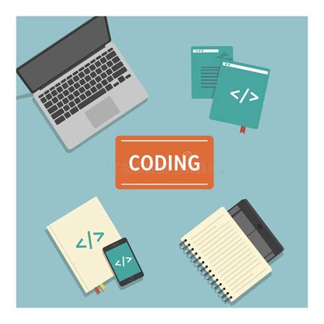 Coding Workspace With Laptop Notebook And Programming Books On Blue