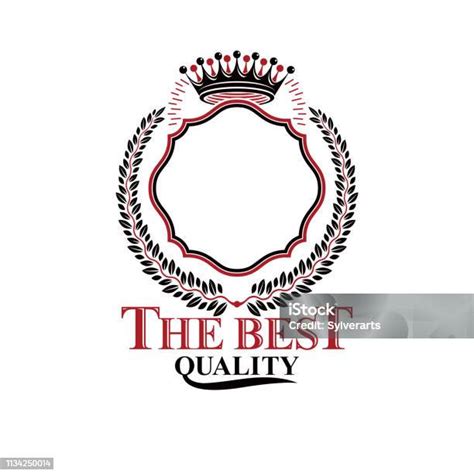 로얄 크라운 요소와 월계관으로 구성 된 그래픽 기호입니다 무기 장식 기호 고립 된 벡터 일러스트 레이 션의 전 령 코트 고대의에 대한 스톡 벡터 아트 및 기타 이미지