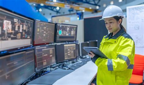 Premium Photo Inside The Large Industry Factory Female Computer Engineer Works On Personal