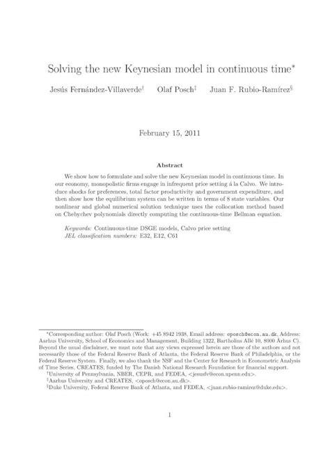 Pdf Solving The New Keynesian Model In Continuous Timecorresponding Author Olaf Posch Work