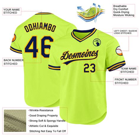 Custom Neon Green Navy Gold Authentic Throwback Baseball Jersey Discount