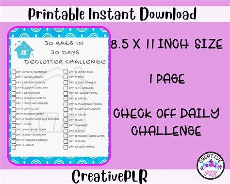30 Bags In 30 Days Decluttering Challenge One Sheet Printable Decluttering Checklist Instant