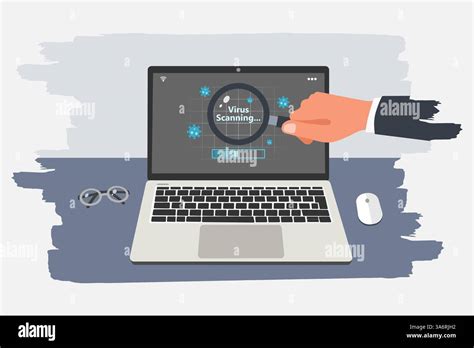 Virus Scanning Process On A Laptop And Hand Holding A Magnifying Glass