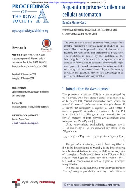 Pdf A Quantum Prisoners Dilemma Cellular Automaton